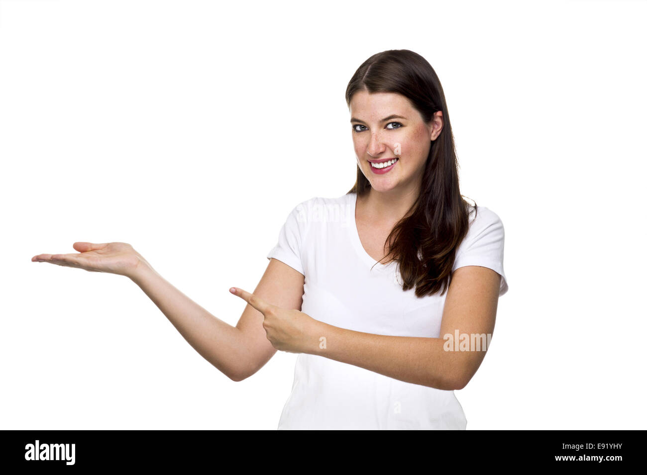 Woman pointing to the right Stock Photo - Alamy