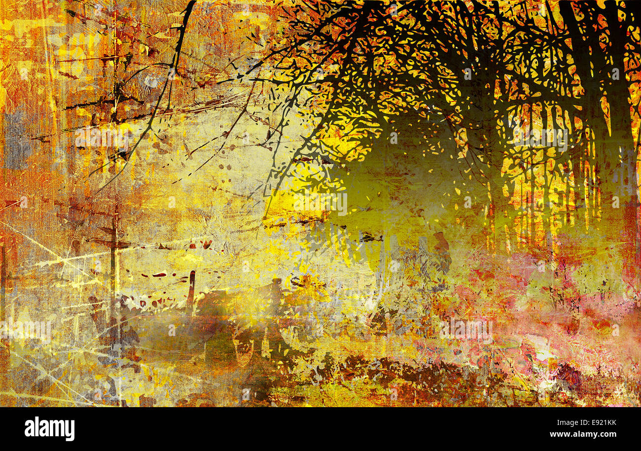 landscape on old paper grunge Stock Photo - Alamy