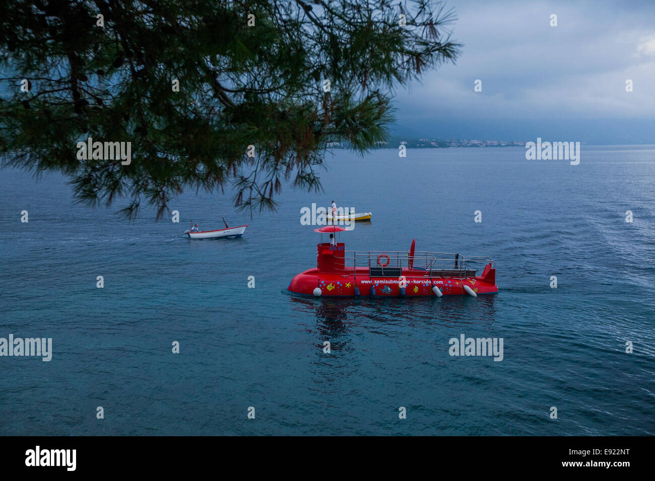 Semi submarine boat swimming by Korcula town, Croatia, Europe 2014 ...