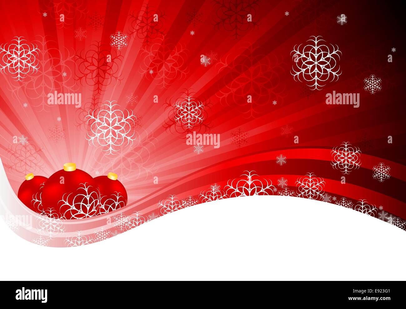 Bright red X-mas design with tree balls and snowfl Stock Photo - Alamy