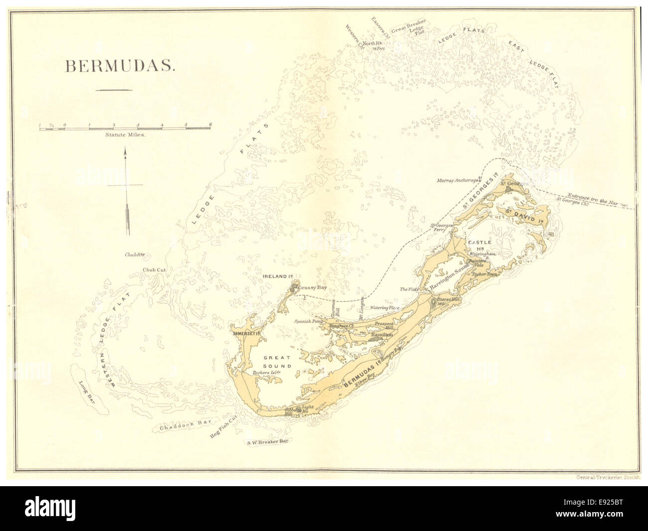 An illustration map from a vintage source depicting the Bermuda Islands ...