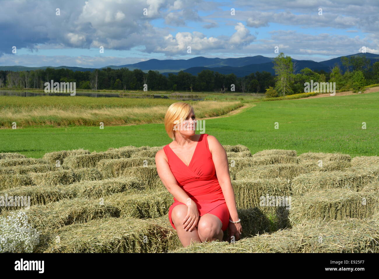 Beautiful woman in red dress sitting on the hay Stock Photo - Alamy