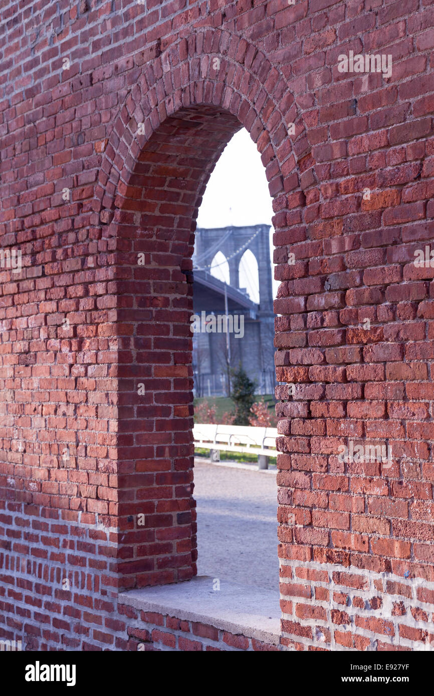Brooklyn Bridge framed through brick window Stock Photo - Alamy