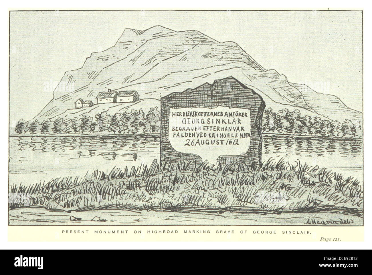 This vintage illustration depicts the grave of George Sinclair ...