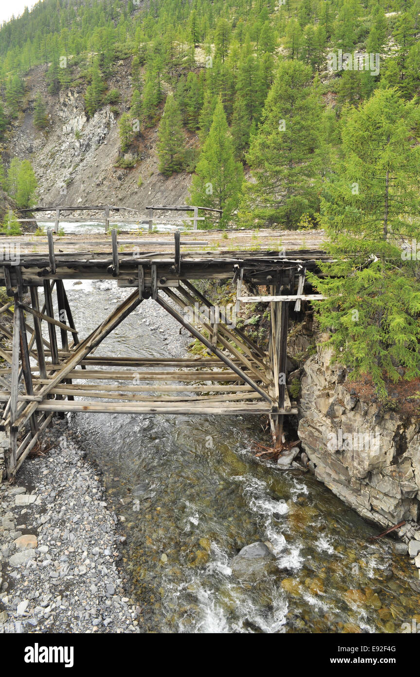 The old bridge in the mountains. Mountain river near the highway ...