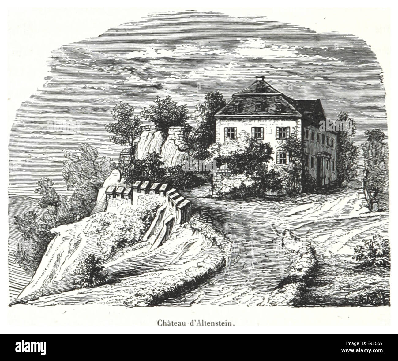 This vintage illustration shows Schloss Altenstein, a historic castle ...