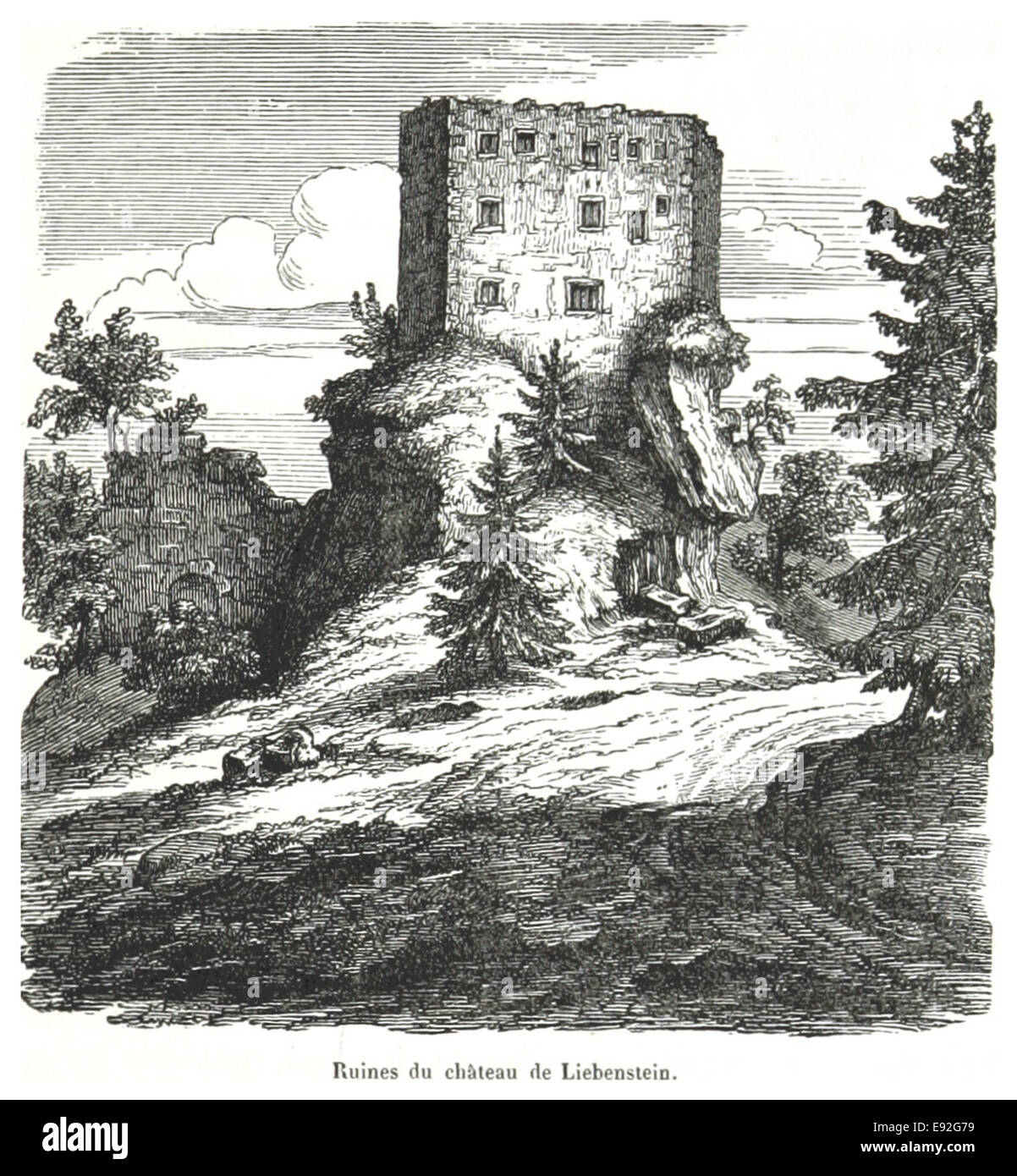 A vintage sketch of the Ruine Liebenstein, a historical castle located ...