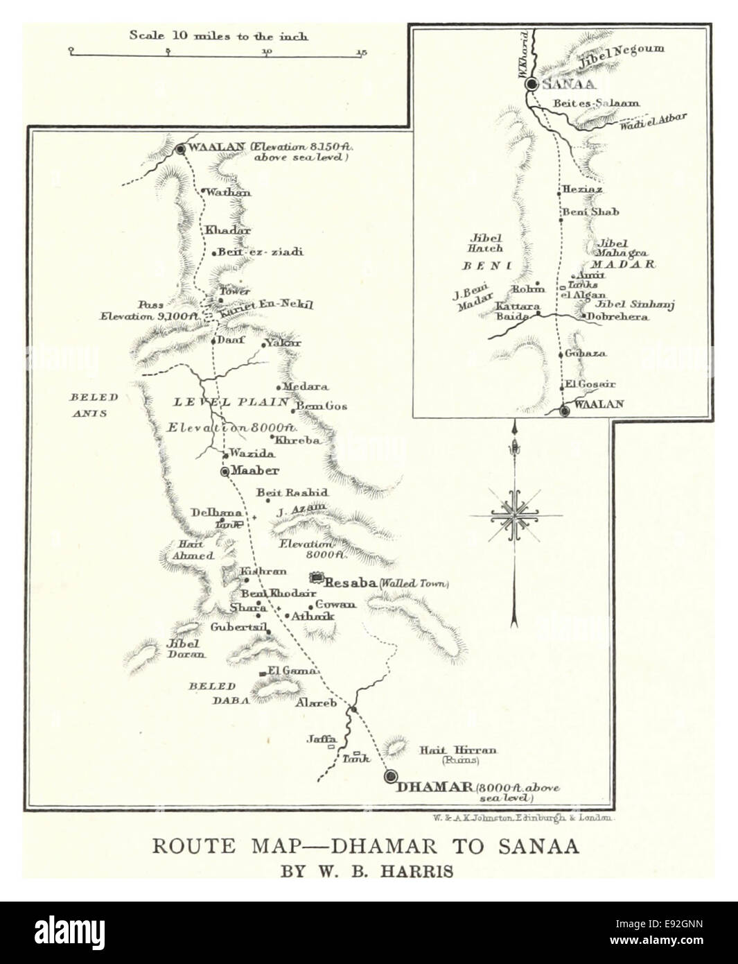 An illustrated map depicting the road from Dhamar to Saana in Yemen ...