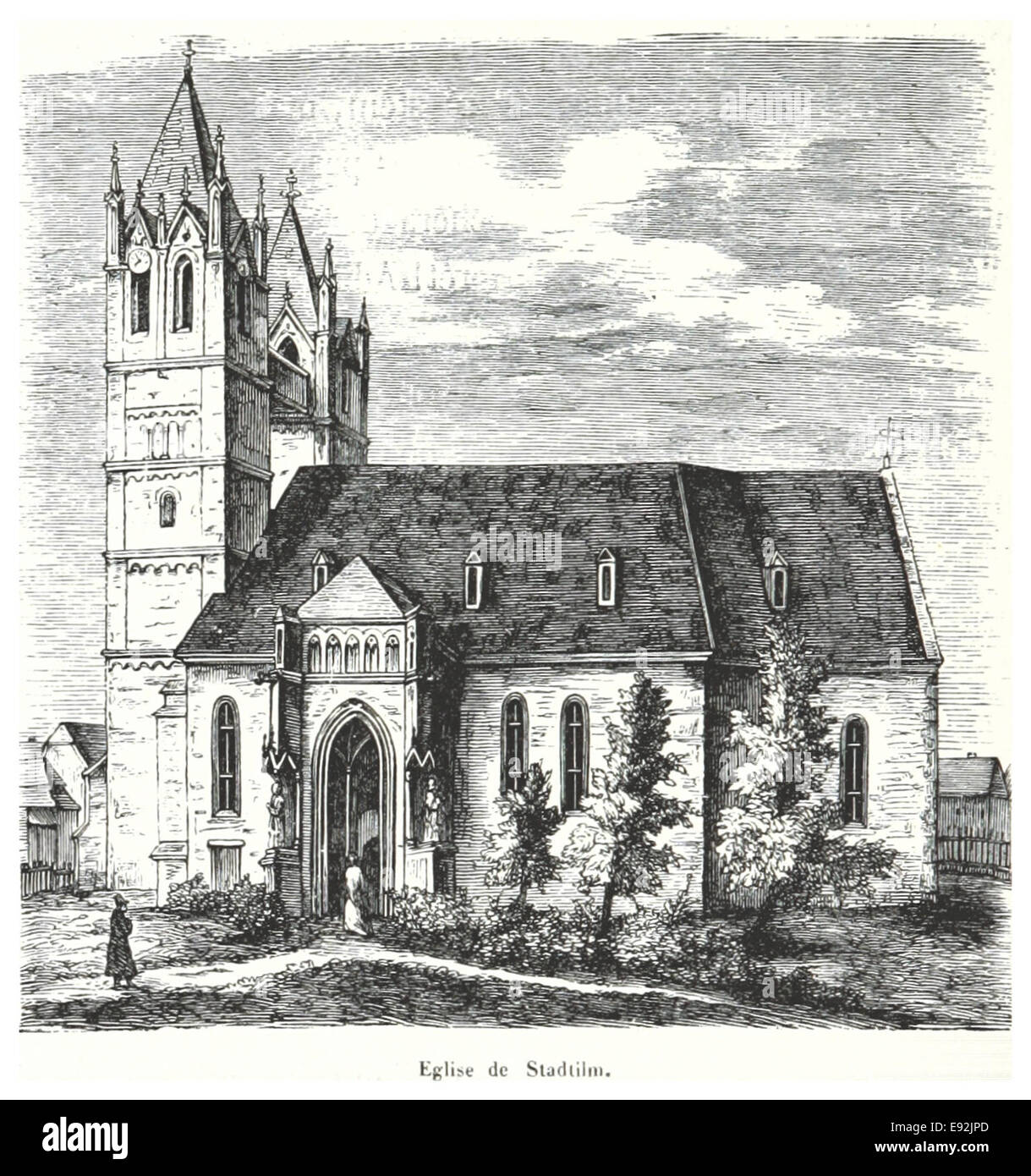 A vintage illustration showing the church in Stadtilm, Germany. The ...