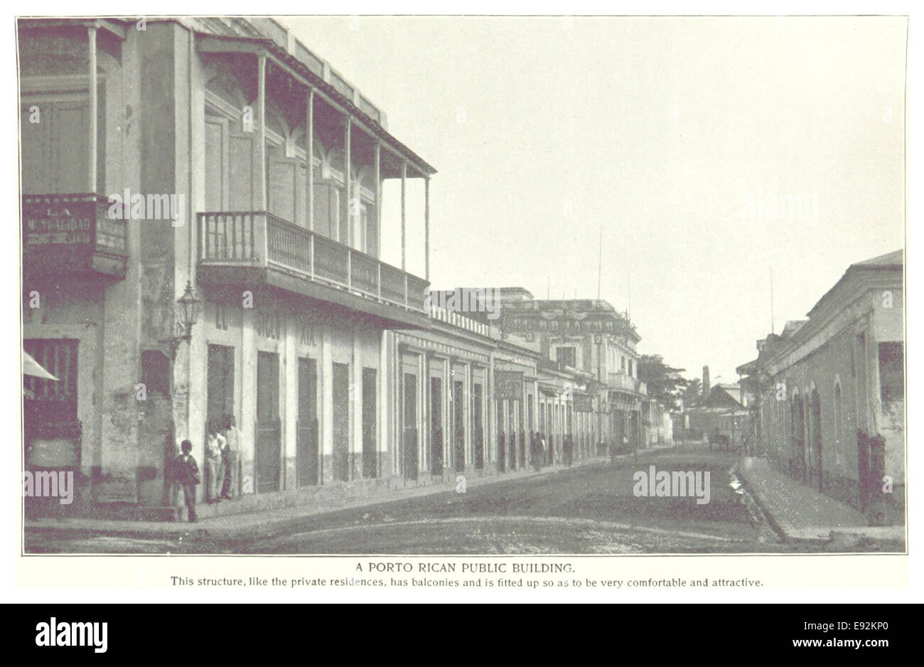 This vintage illustration depicts a public building in Puerto Rico ...