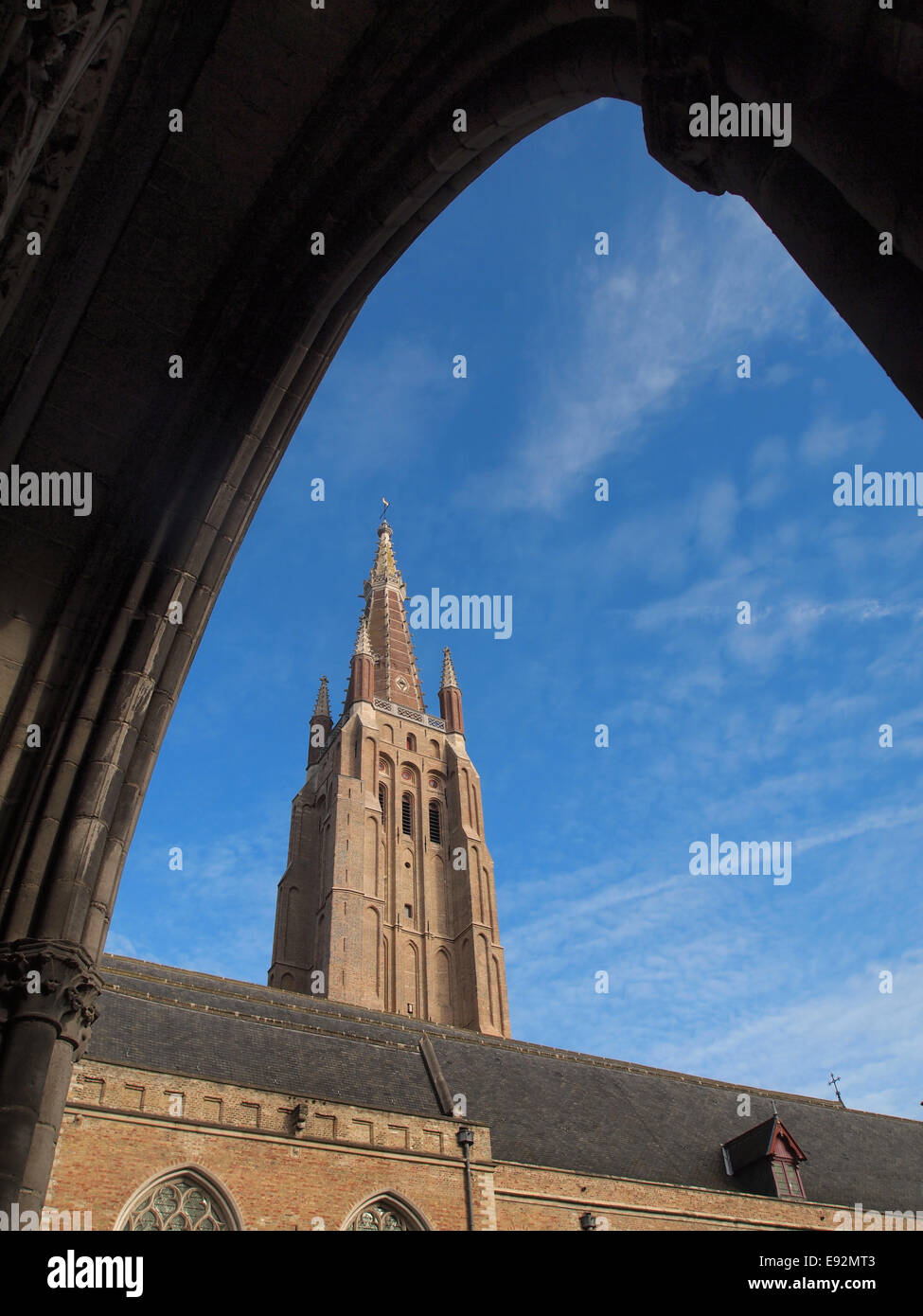 The famous tower of the Church Of Our Lady, in the historic medieval ...