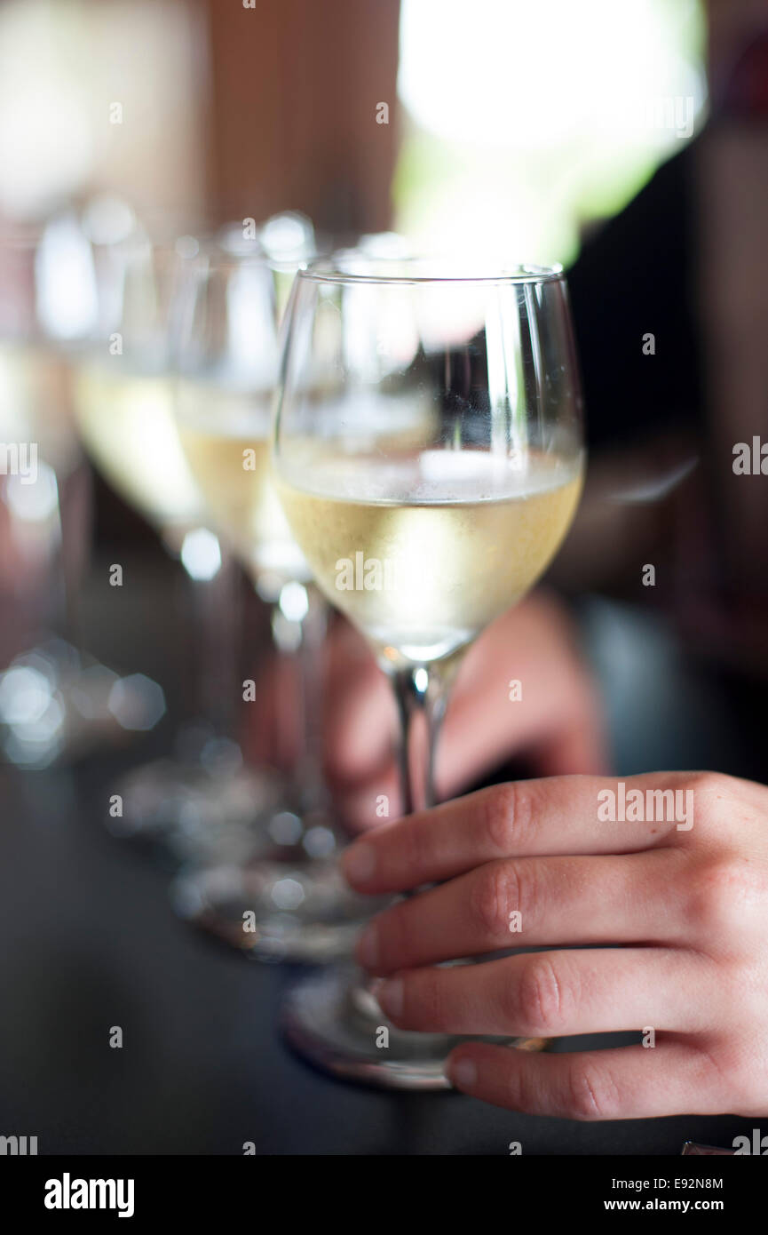Hand on Glass of White Wine next to Row of Glasses of White Wine Stock ...