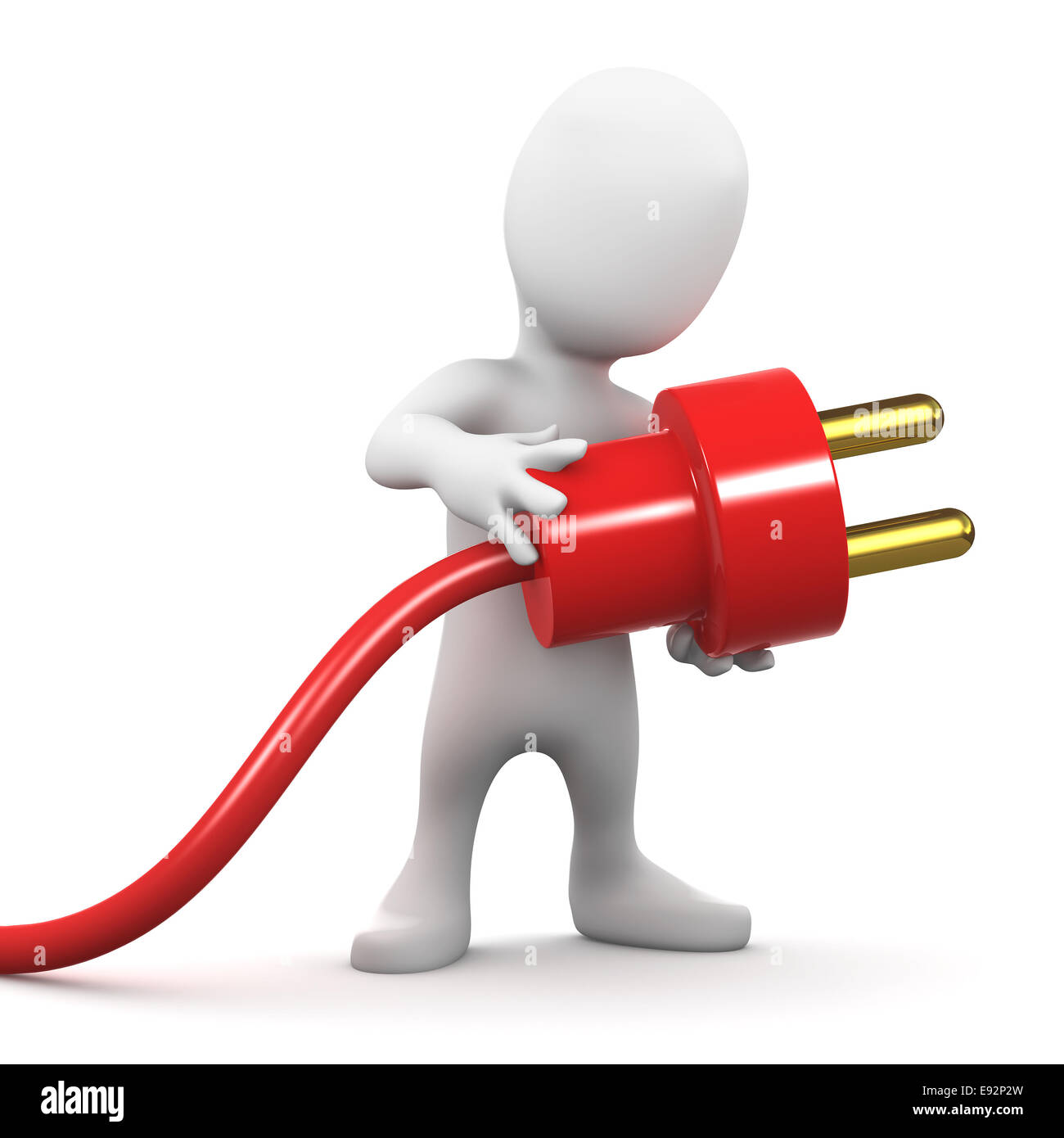 3d render of a little person holding a power lead Stock Photo - Alamy