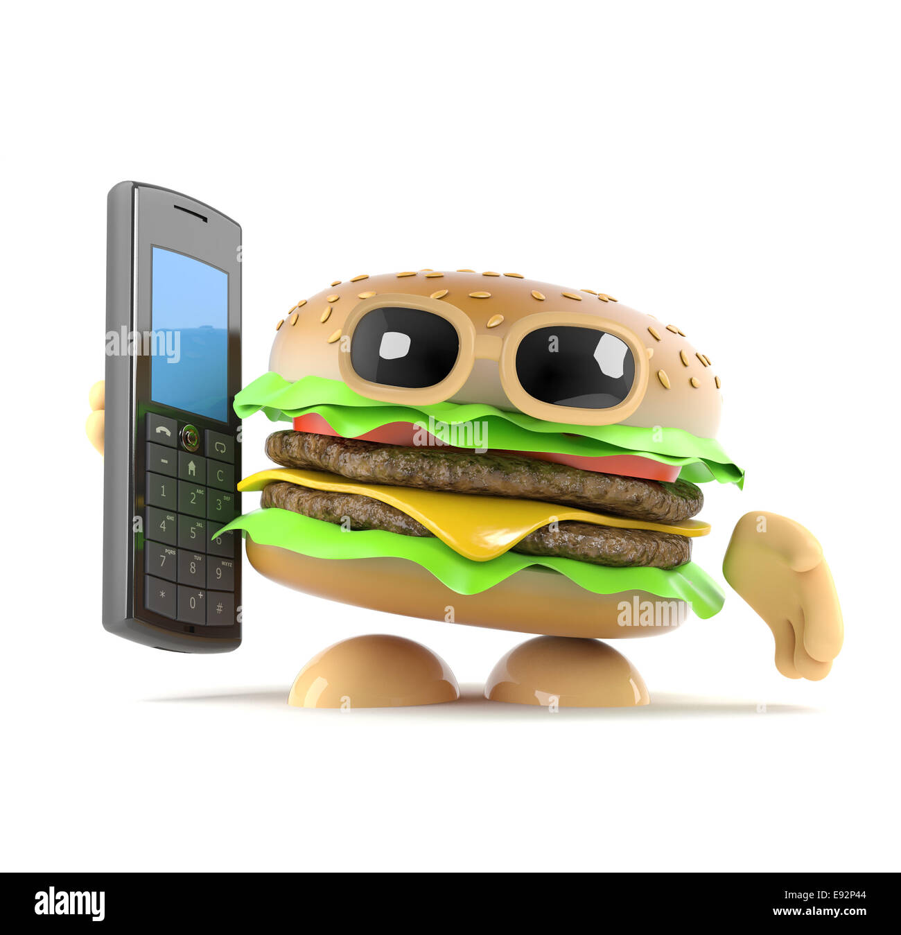 3d render of a beefburger holding a mobile phone Stock Photo - Alamy