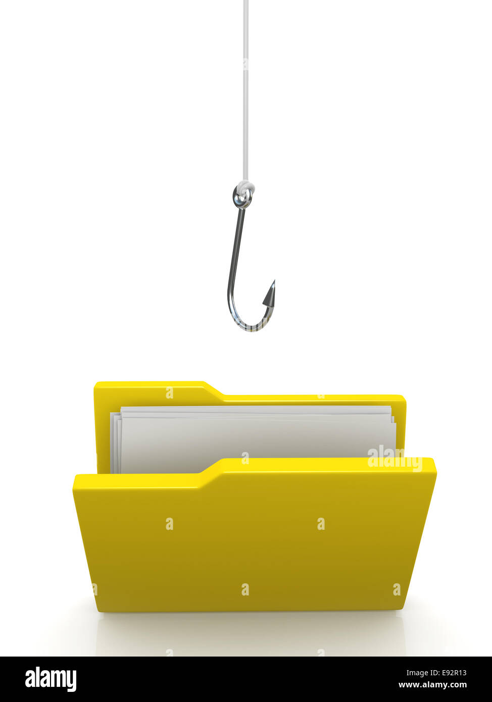 3d render of a fishing hook dangling above folder of documents Stock ...