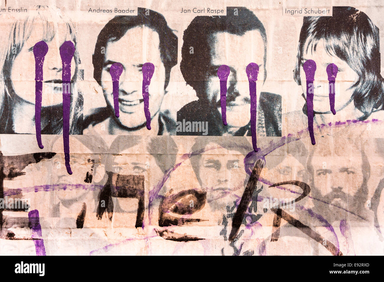 faded and painted over poster showing various red army faction members ...