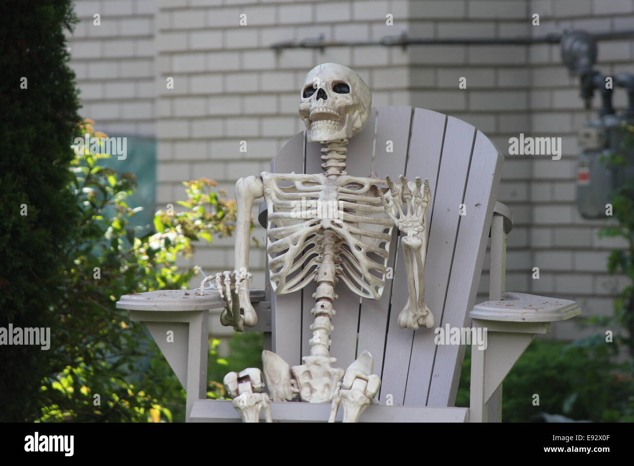 A plastic, decorative, imitation of a human skeleton, sitting in a yard ...