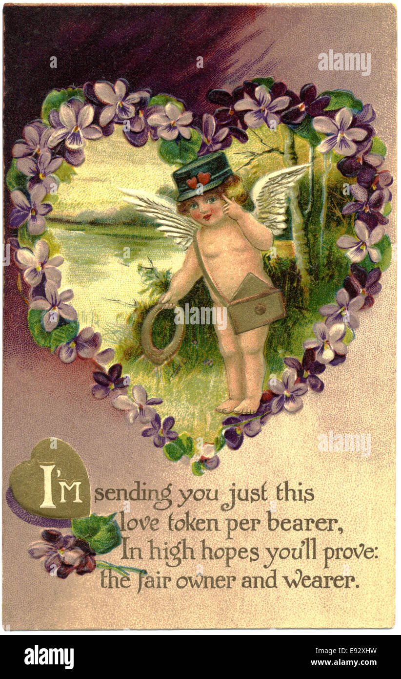 Cupid in Green Hat, "Love token", Postcard, circa 1912 Stock Photo - Alamy