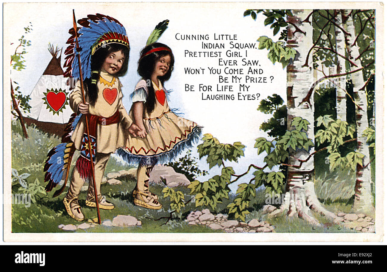 Boy and Girl in Native American Costumes, Valentine Postcard Stock ...