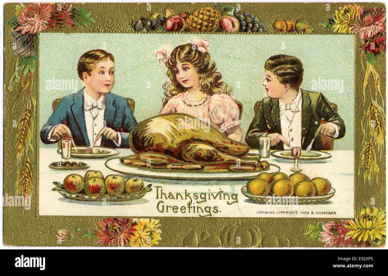 Two Boys and Girl Eating Turkey Dinner, "Thanksgiving Greetings ...