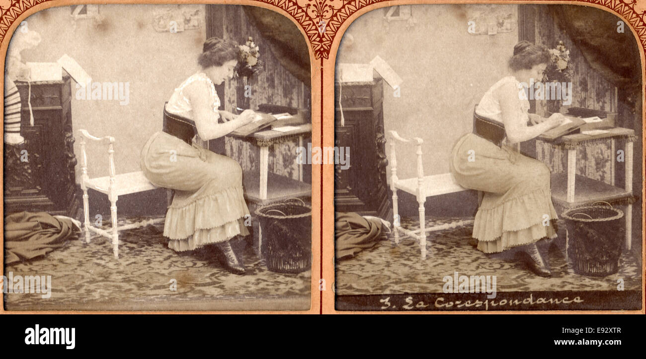 Woman Writing Letter at Desk, Stereo Card, circa early 1900's Stock ...