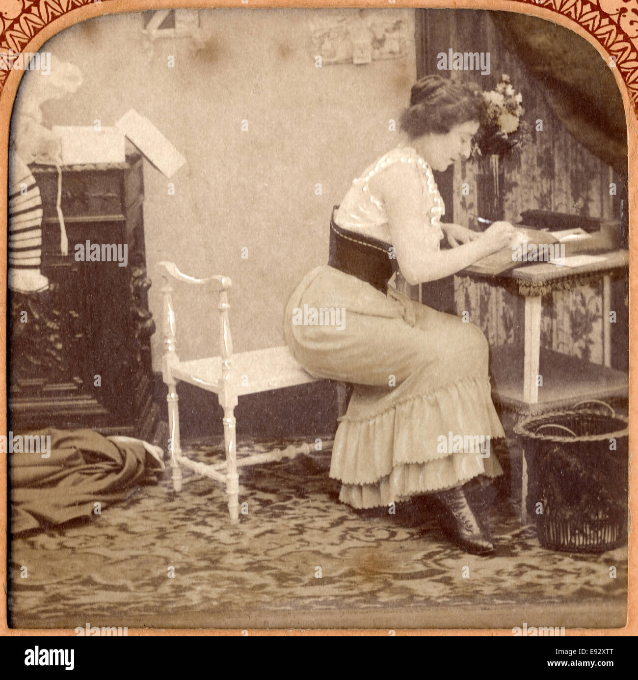 Woman Writing Letter at Desk, Single Image of Stereo Card, circa early ...
