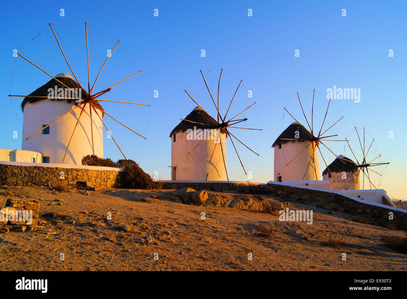Traditional Greek windmills at sunset, Mykonos, Greece Stock Photo - Alamy