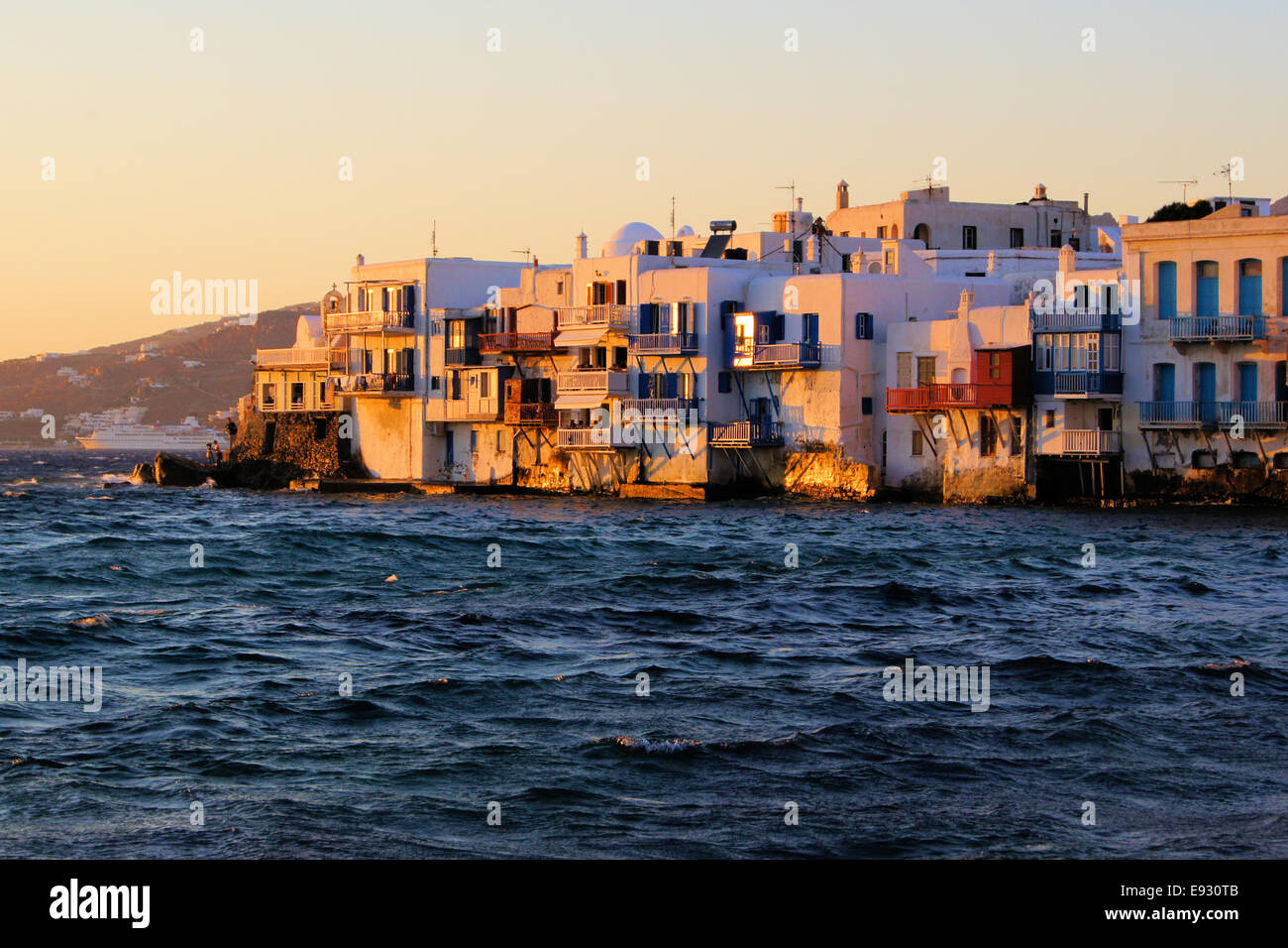 Sunset view of the Little Venice neighborhood of Mykonos, Greece Stock ...