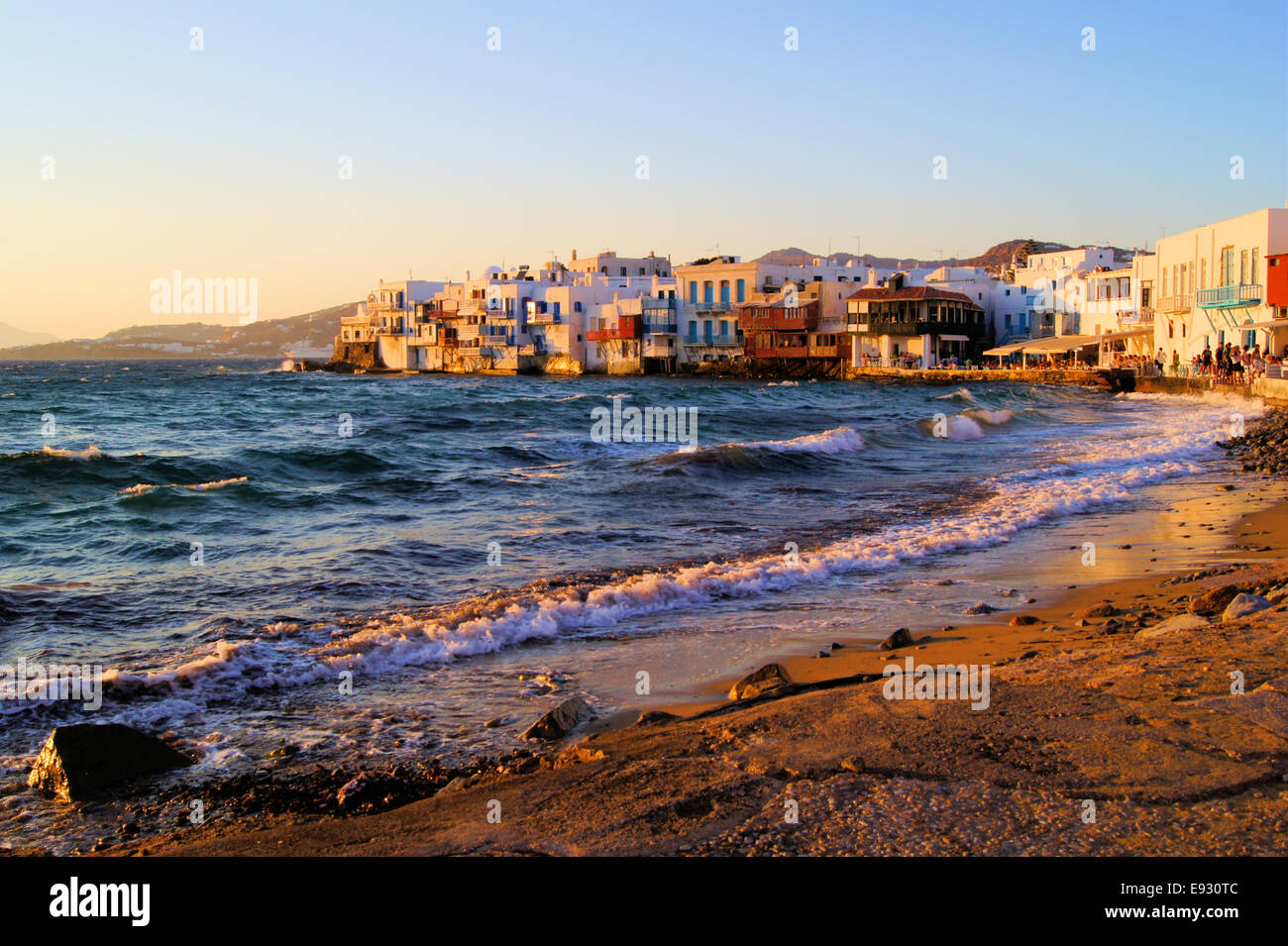 Sunset view of the Little Venice neighborhood of Mykonos, Greece Stock ...