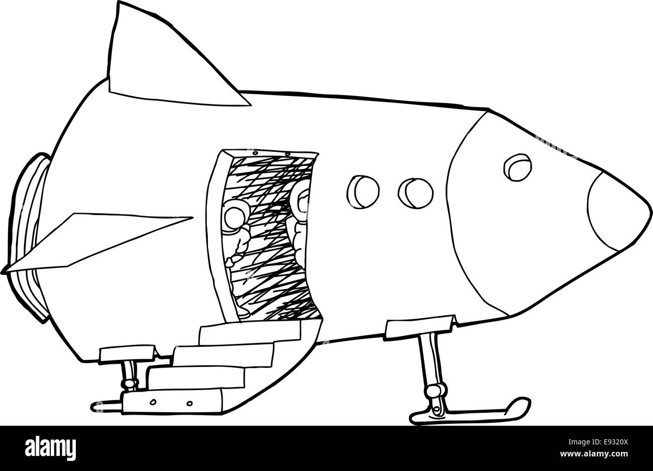 Cartoon outline of pilots looking from spacecraft Stock Photo - Alamy