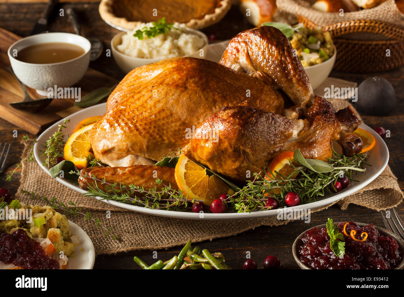 Whole Homemade Thanksgiving Turkey with All the Sides Stock Photo - Alamy