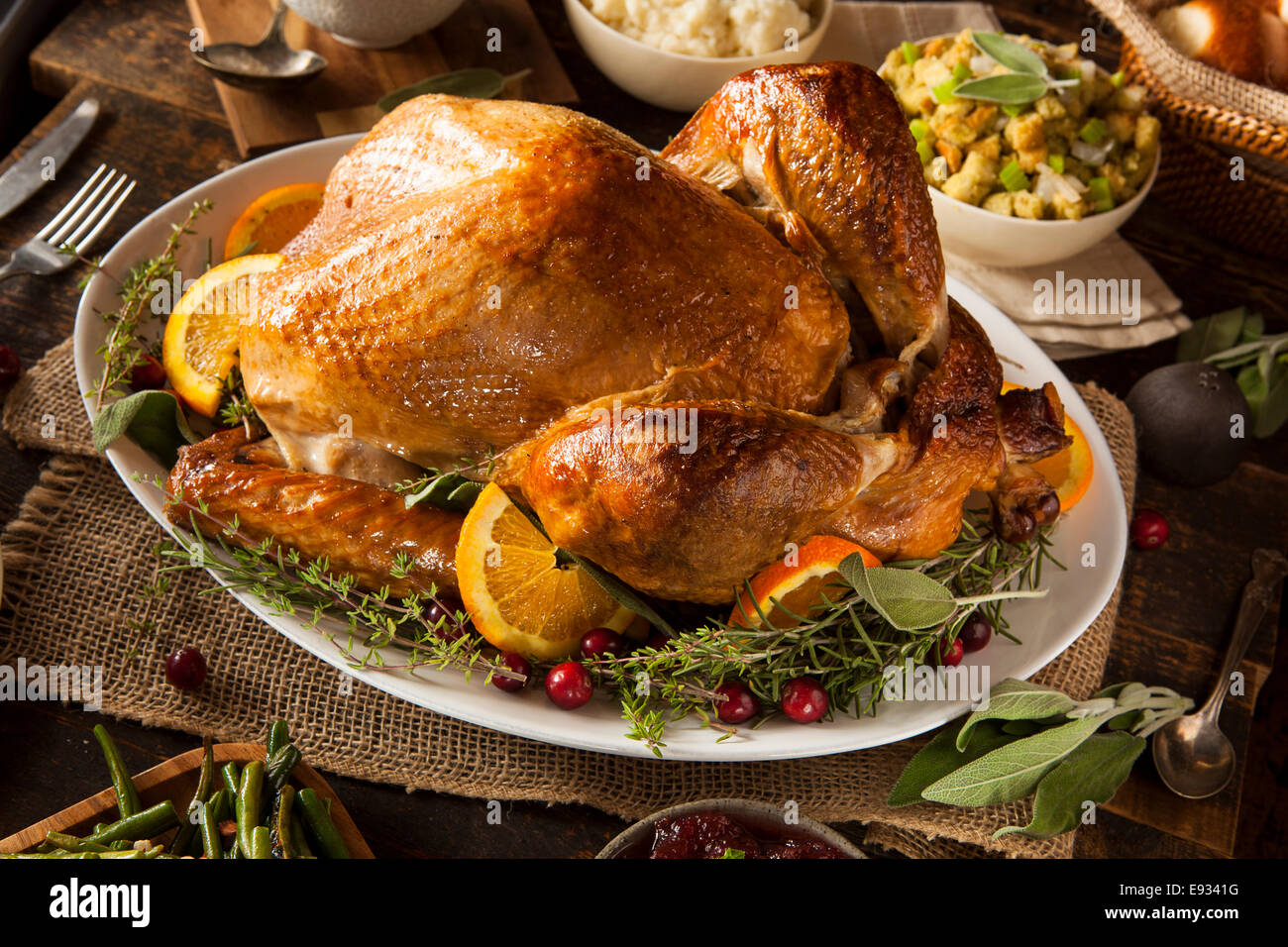 Whole Homemade Thanksgiving Turkey with All the Sides Stock Photo - Alamy