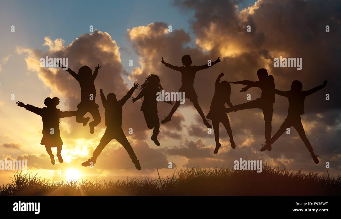 Children jumping for joy silhouette hi-res stock photography and images ...