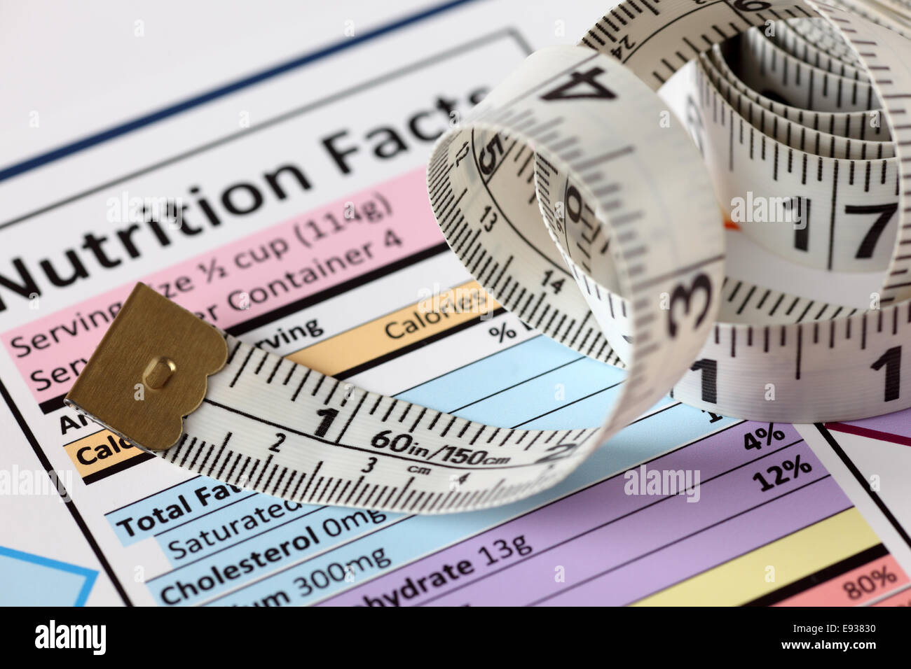 Nutrition facts with tape measure. Close-up Stock Photo - Alamy