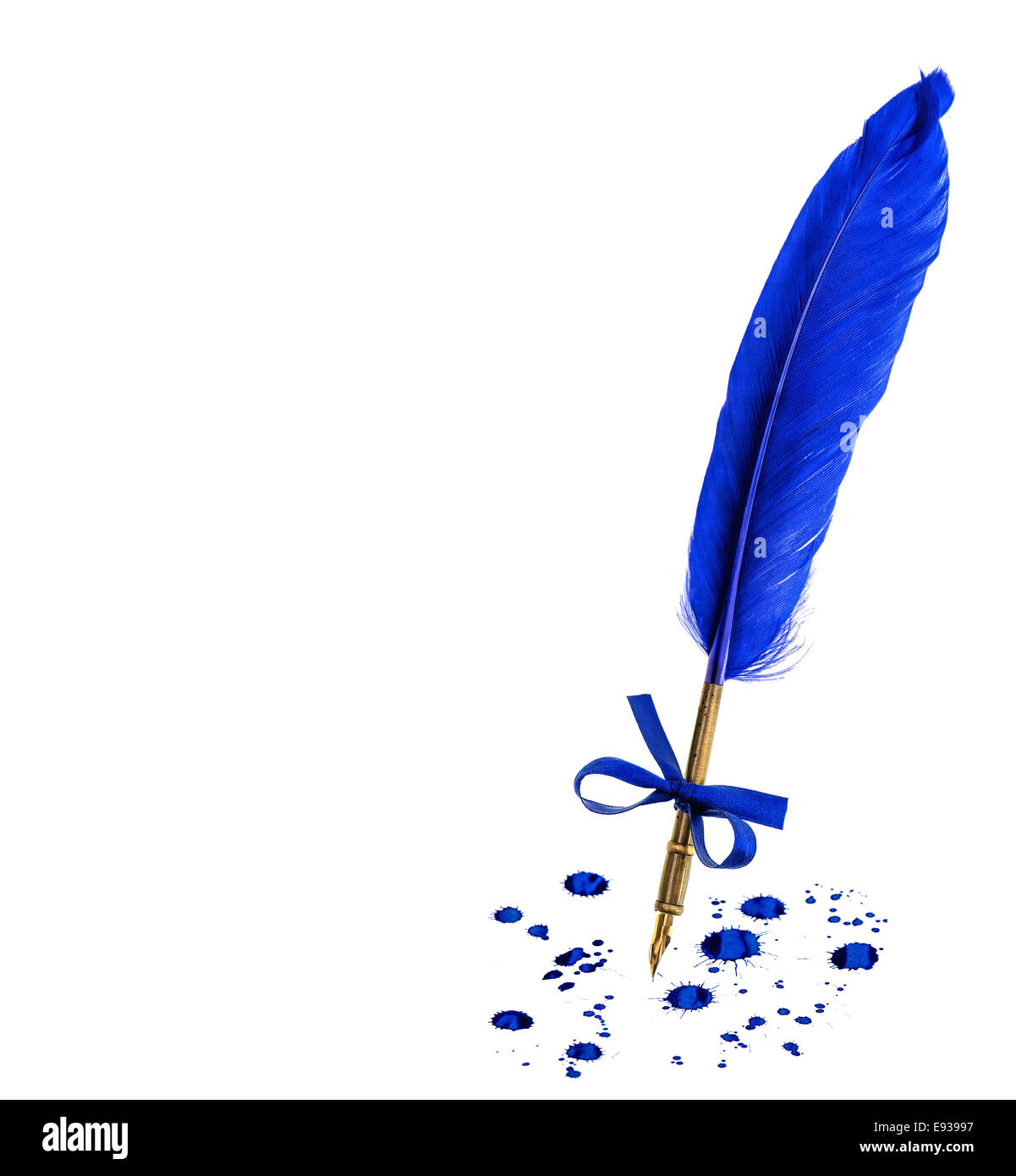 vintage feather pen with blue ink stains isolated on white background ...