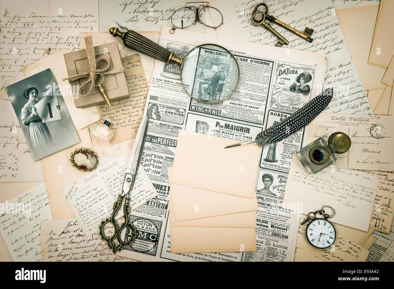 antique accessories, vintage fashion magazine, old letters and ...