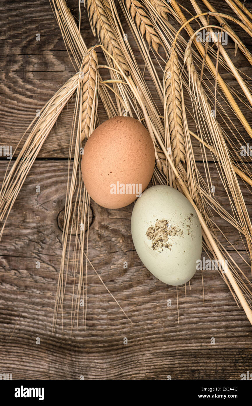 natural organic eggs on rustic wooden background. country style picture ...