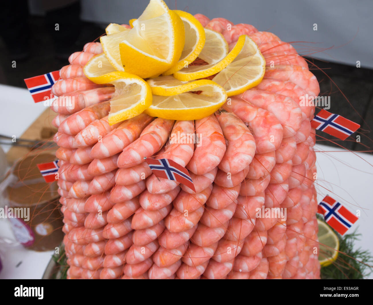 Farmers market in Oslo the capital city of Norway, seafood on display ...