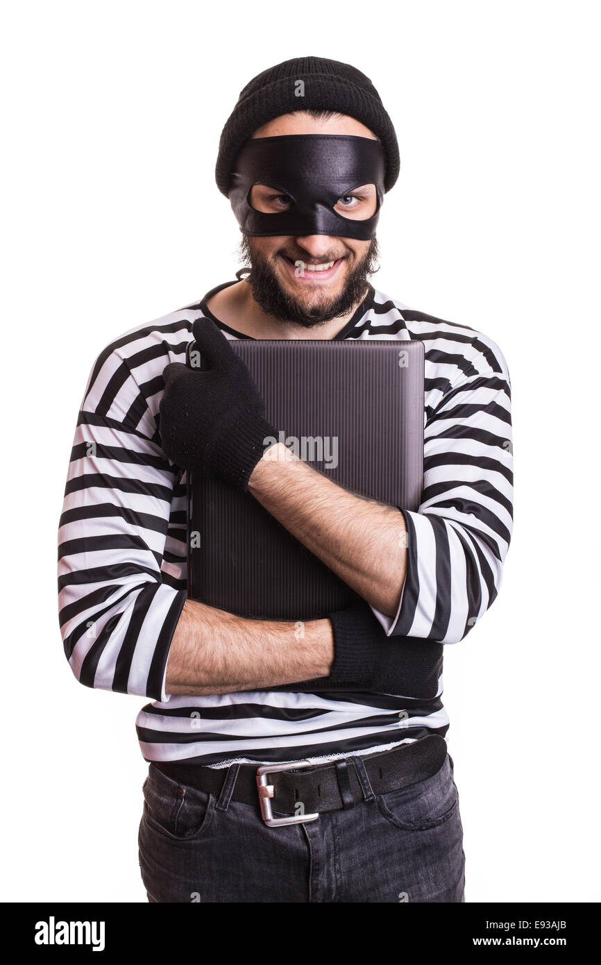 Thief stealing a laptop computer. Portrait isolated on white background ...