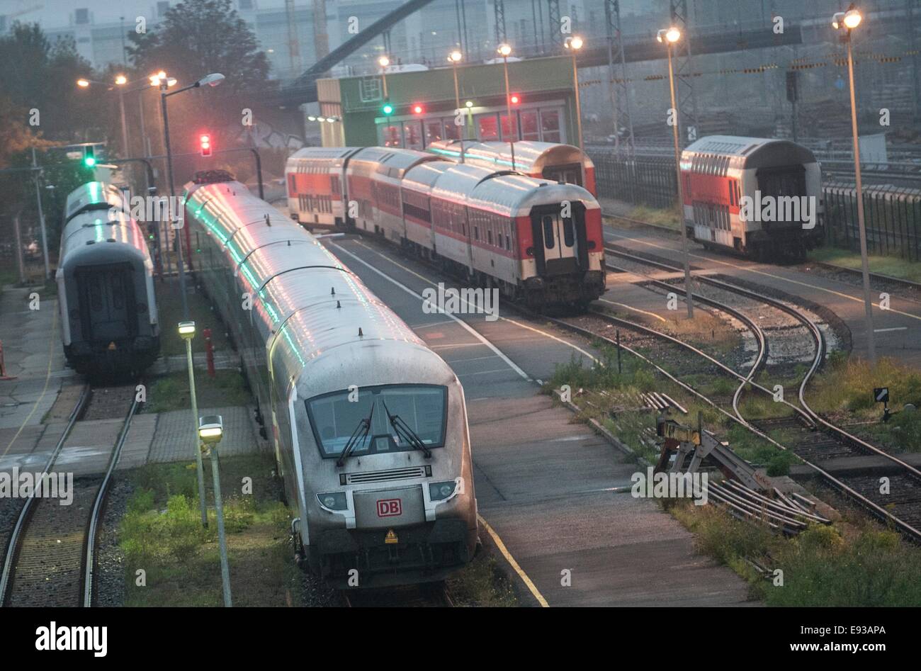 Trains are parked on railway tracks during a strike of German train ...