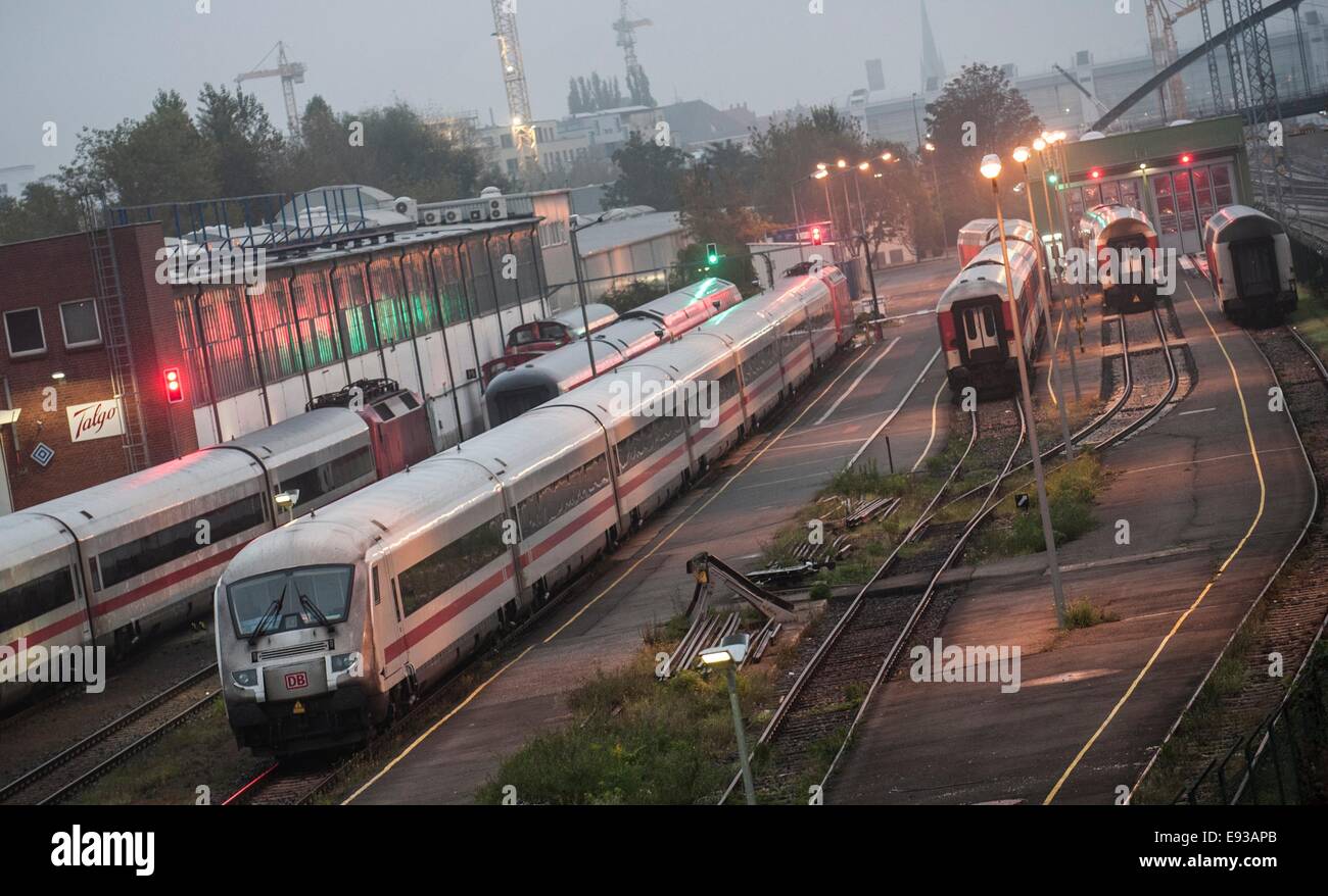 Trains are parked on railway tracks during a strike of German train ...
