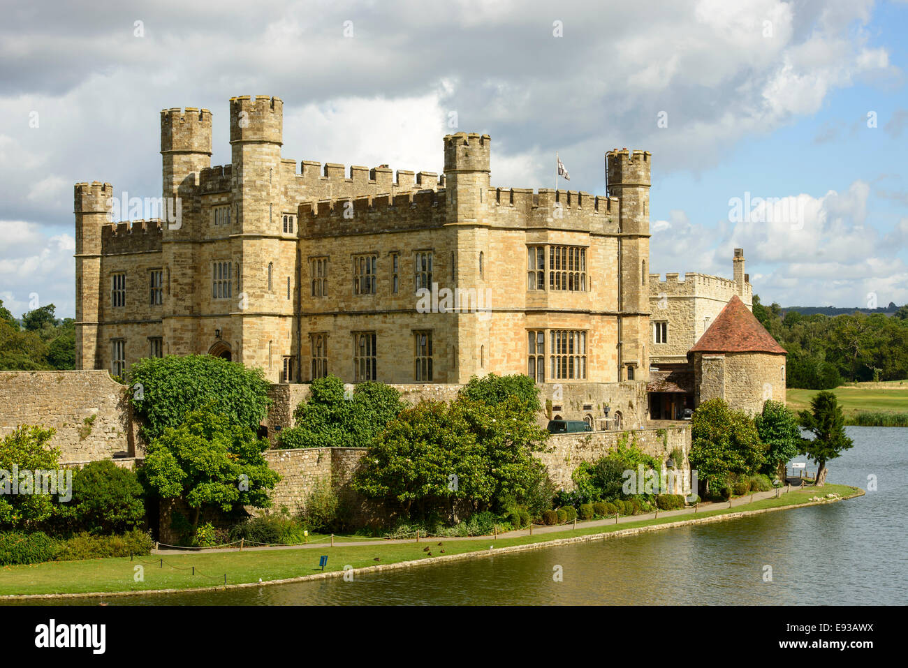view of the main building of medieval castle and its moat, shot in ...