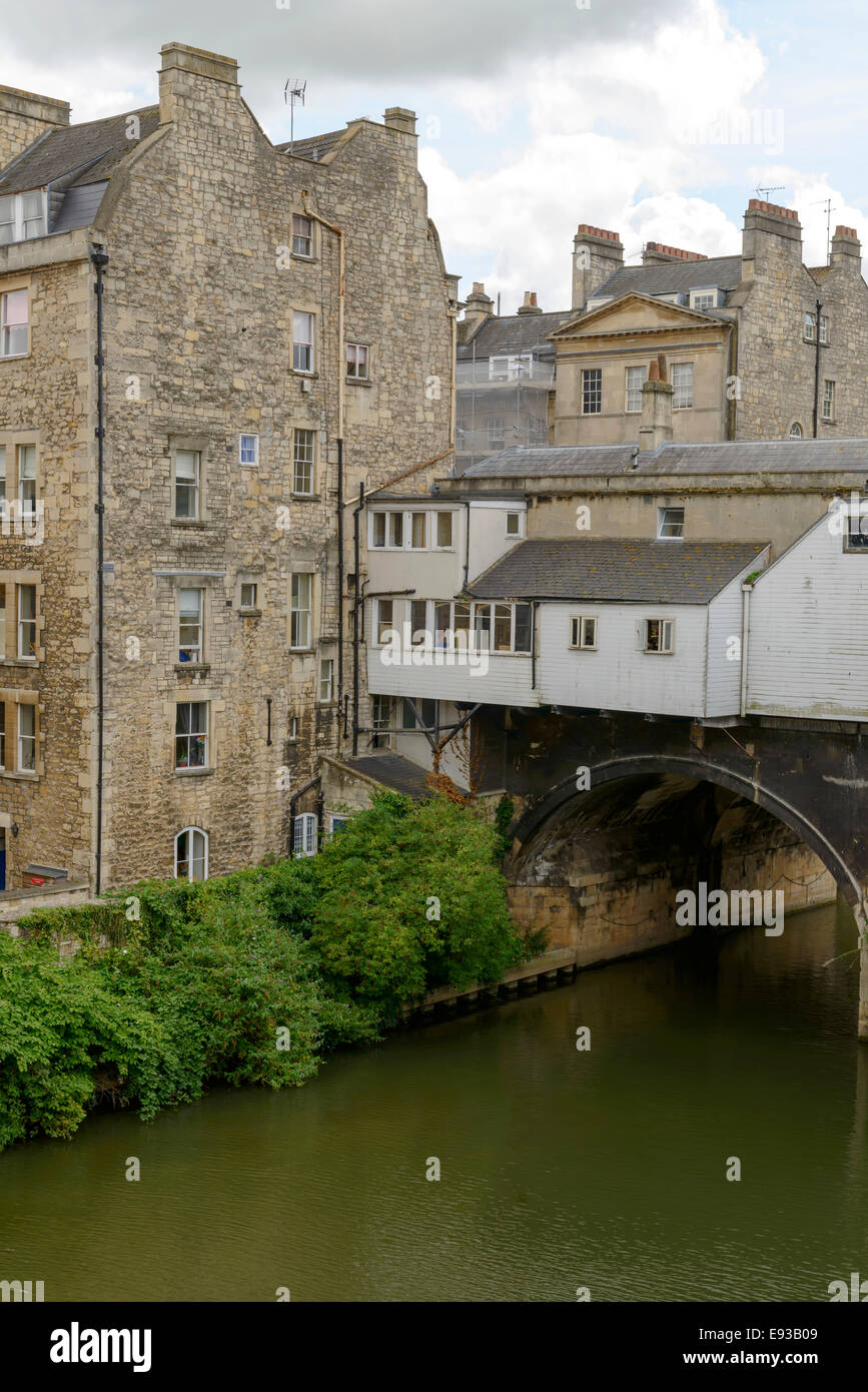 detail of north side of ancient covered bridge over river Avon in town ...