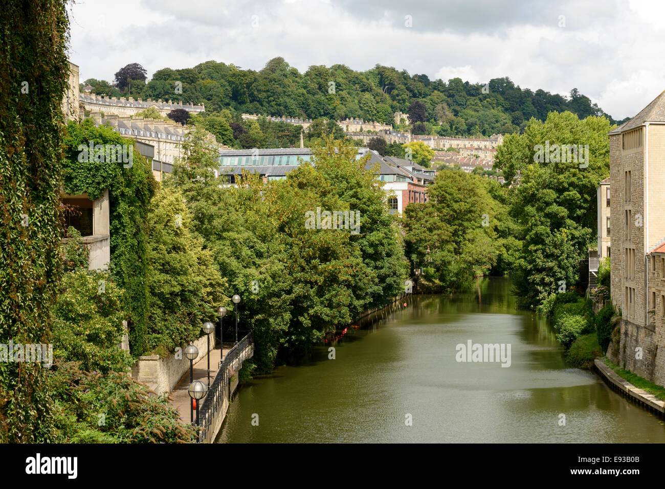 cityscape with river Avon, Bath, view of green embankments of river ...