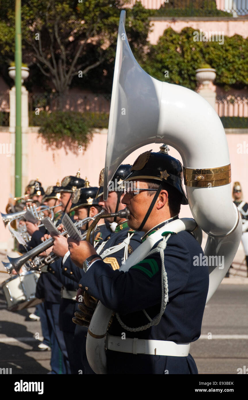 Vertical portrait of a military band musician at the changing of the ...