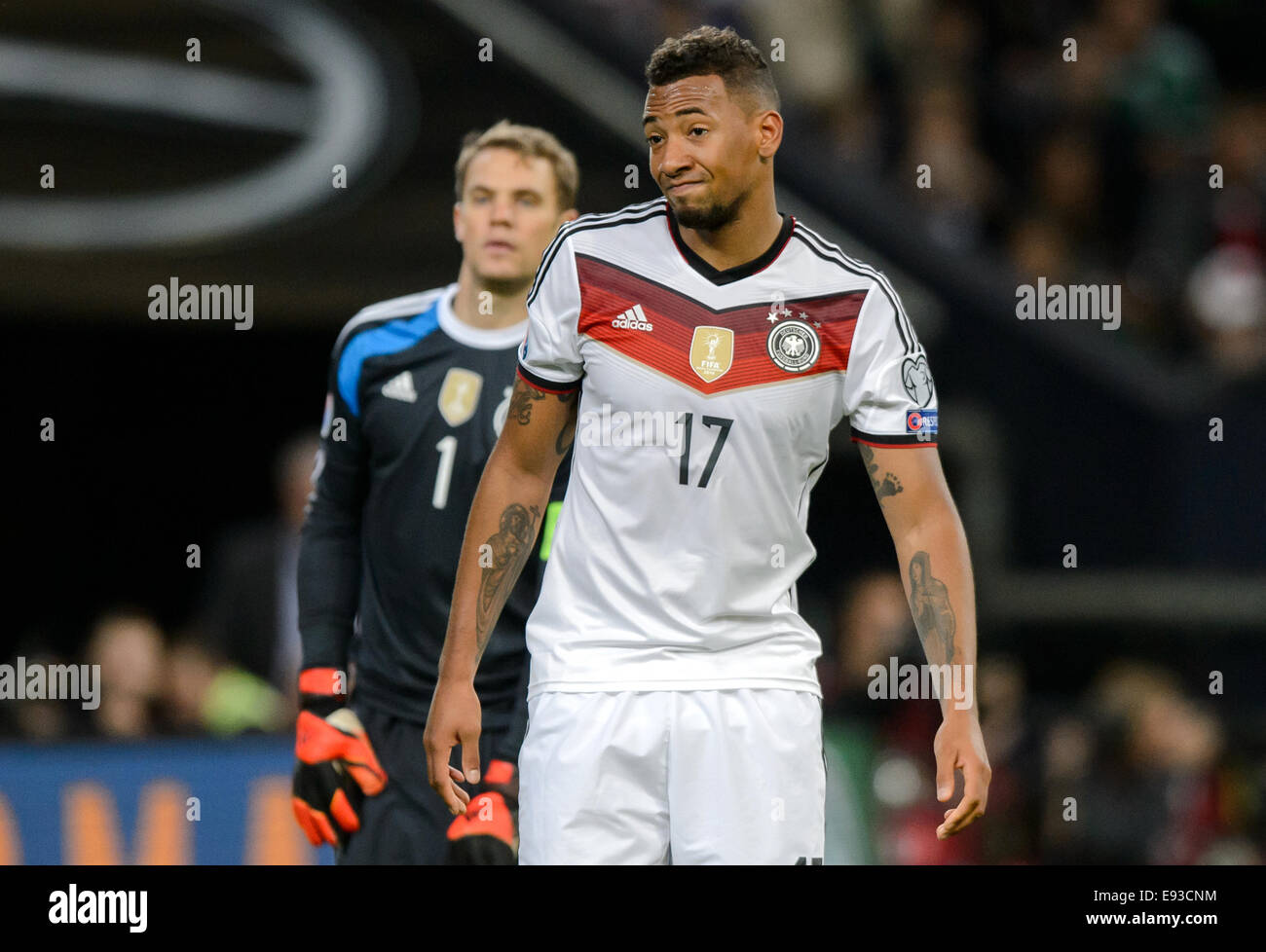 Geselnkrichen, Germany. 14th Oct, 2014. Germany's Jerome Boateng reacts ...