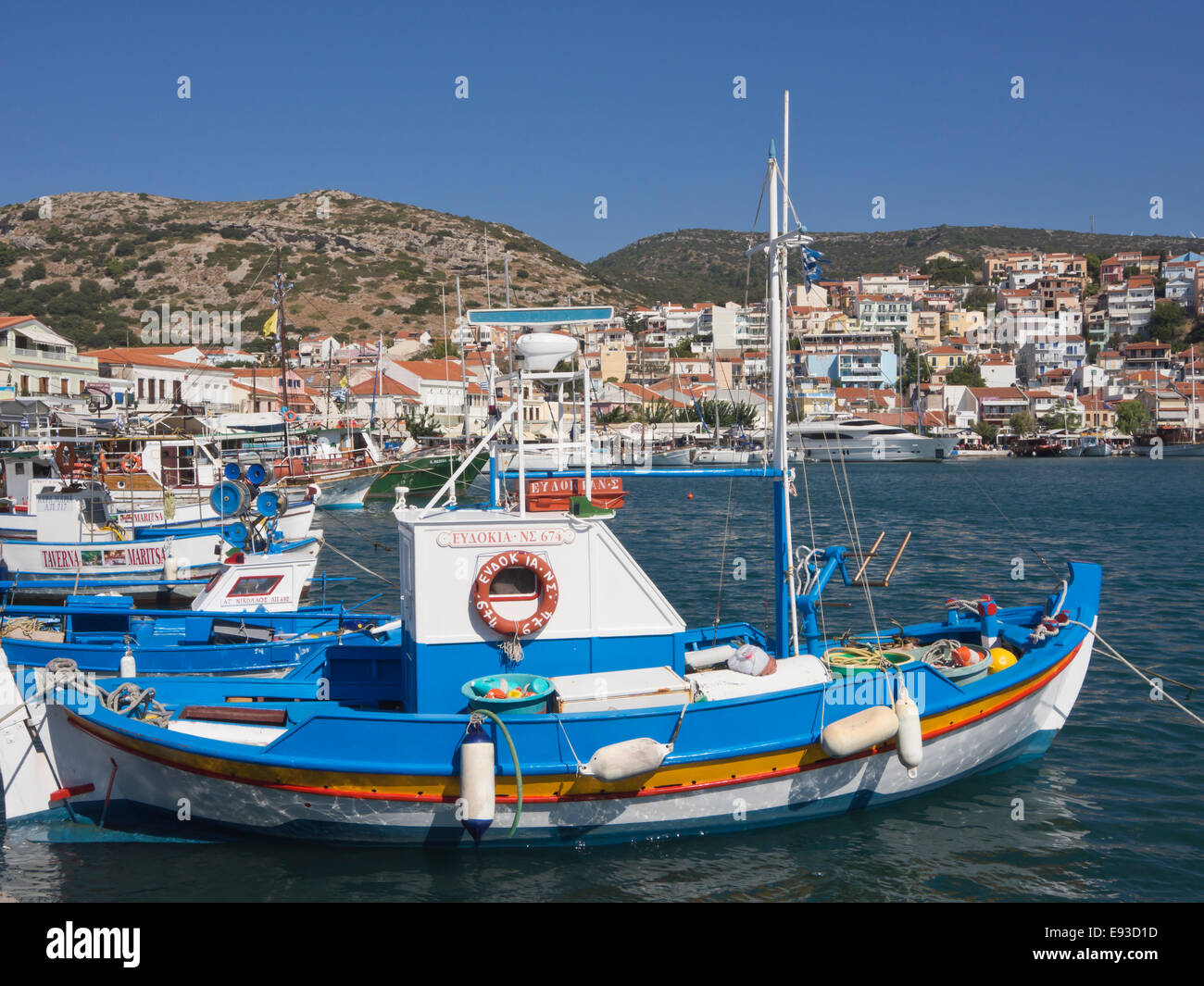 Fishing boats in the harbour of Pythagorion in Samos island Greece ...
