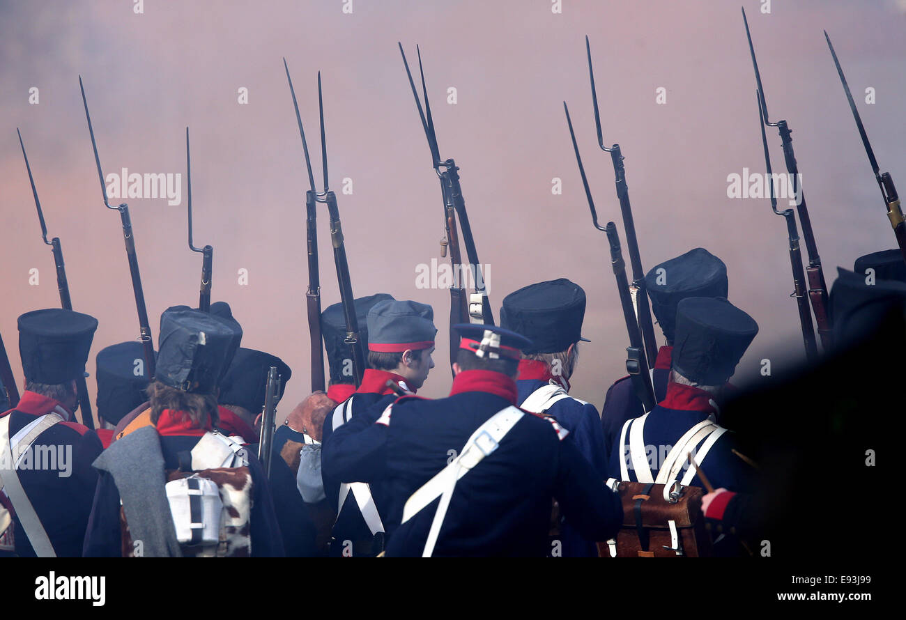 Members of the Prussian troups fight during the re-enactment of the ...