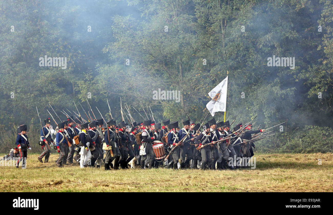 Members of the Prussian troups fight during the re-enactment of the ...