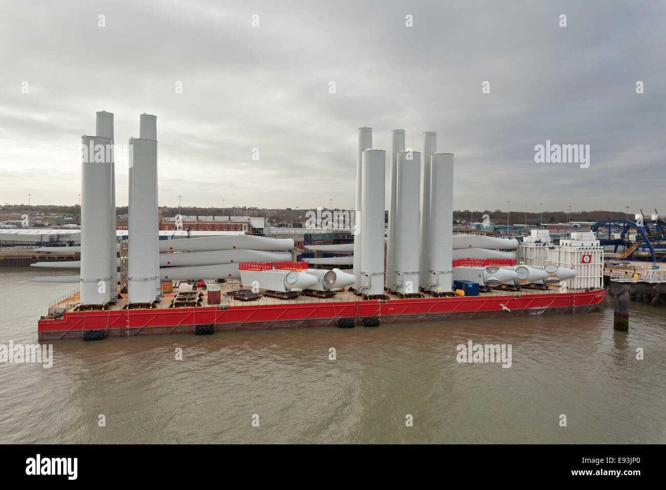 Barge with Wind turbine parts for a wind farm on the North Sea Stock ...
